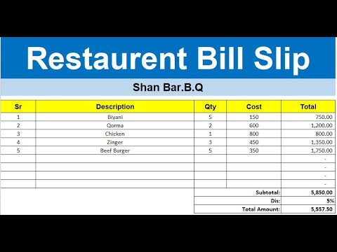MS Excel Restaurant Bill Slip Format in Excel | Excel Tutoring 🔥 - YouTube