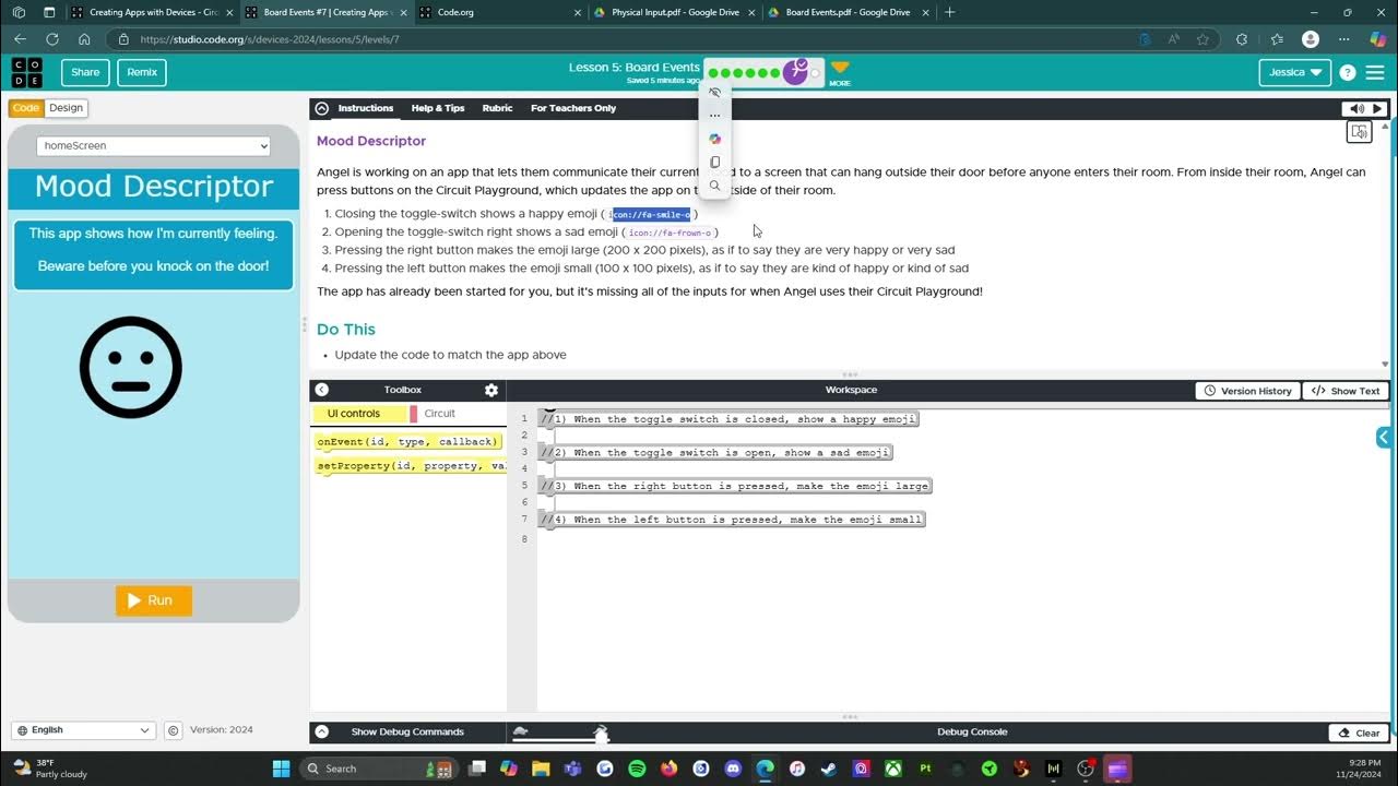 Code.org - Creating Apps with Devices - Circuit Playground: Lesson 5: Board Events: Level 7 ...
