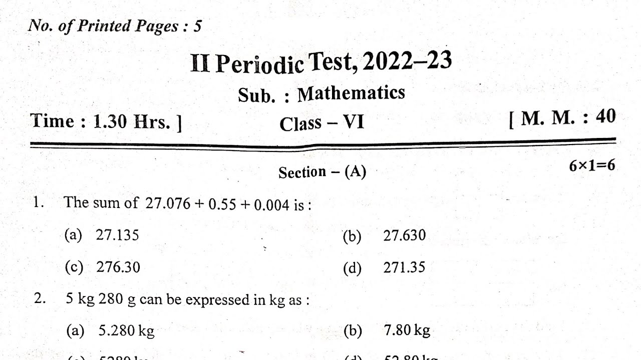 Class-6 MATHS / PT-2 Sample Question Paper of PERIODIC TEST-2 For ...
