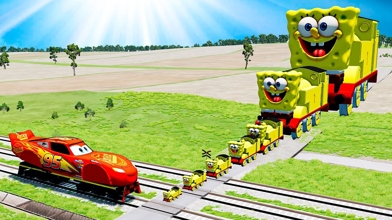 Big & Small SpongeBob the Tank Engine vs Happy MCqueen Train | BeamNG ...