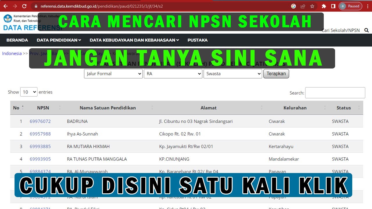 CARA CEK NPSN ATAU NOMOR POKOK SEKOLAH NASIONAL SECARA ONLINE - YouTube