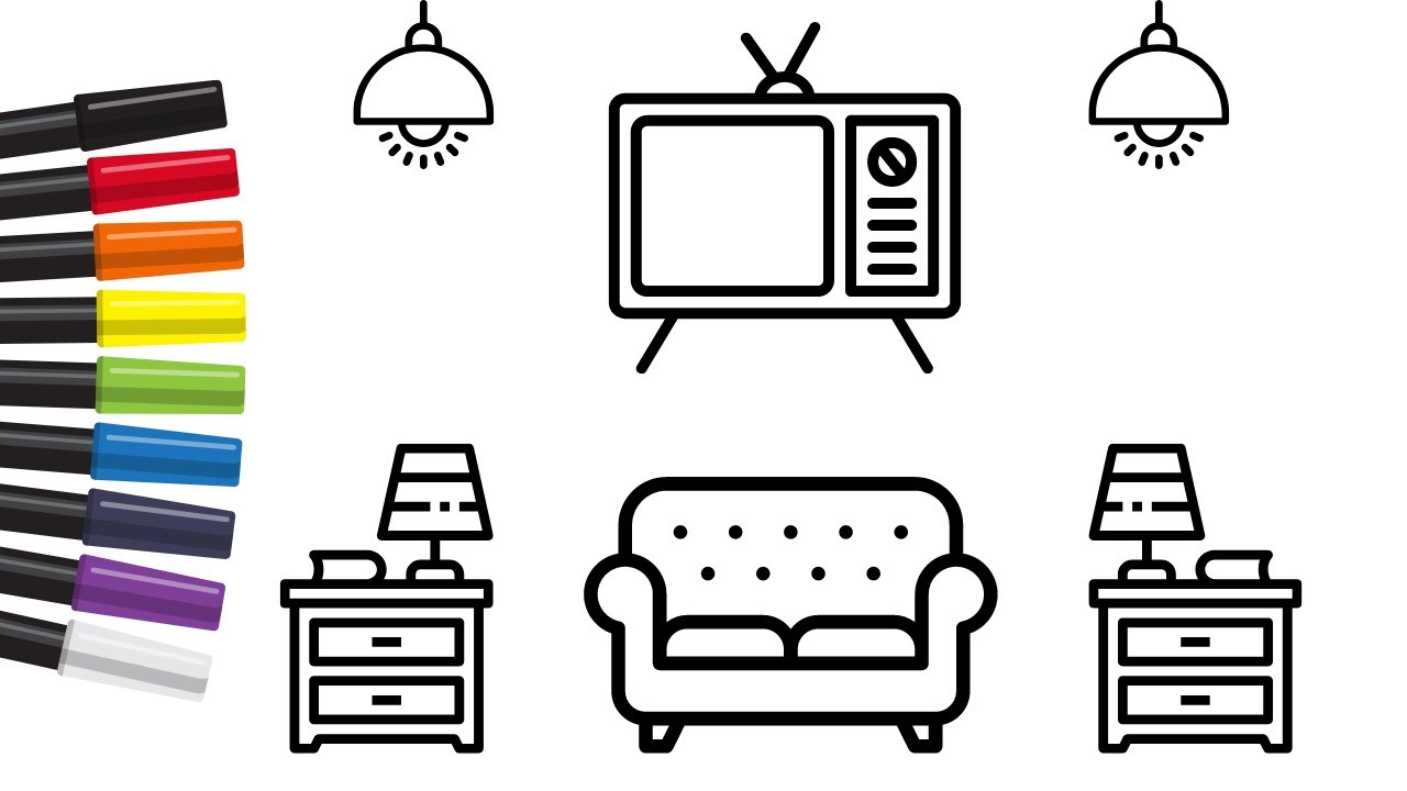 Coloring Living Room - TV, Side Tables, Couch, Lamps For Toddlers ...
