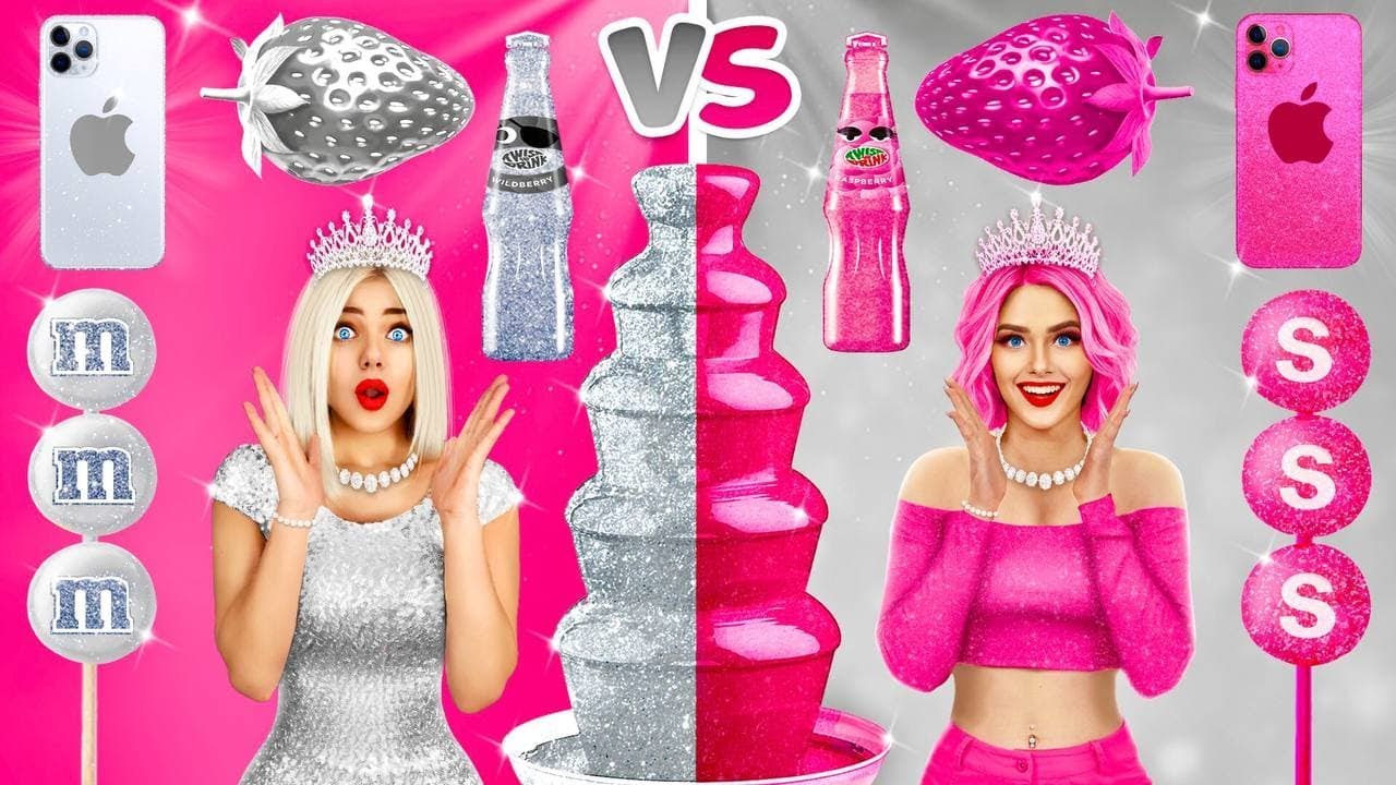 SILVER VS PINK CHALLENGE | 24 Hours Eating Food in PINK and SILVER ...