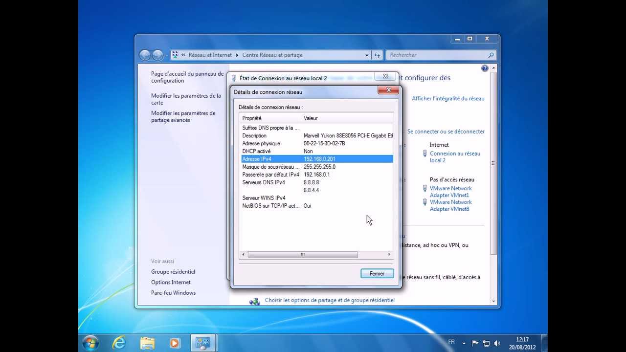 Windows 7 - obtenir son adresse ip locale - méthode centre réseau et ...