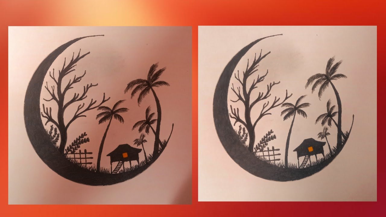 how to draw moon shape scenery drawing। moon drawing। night scenery ...