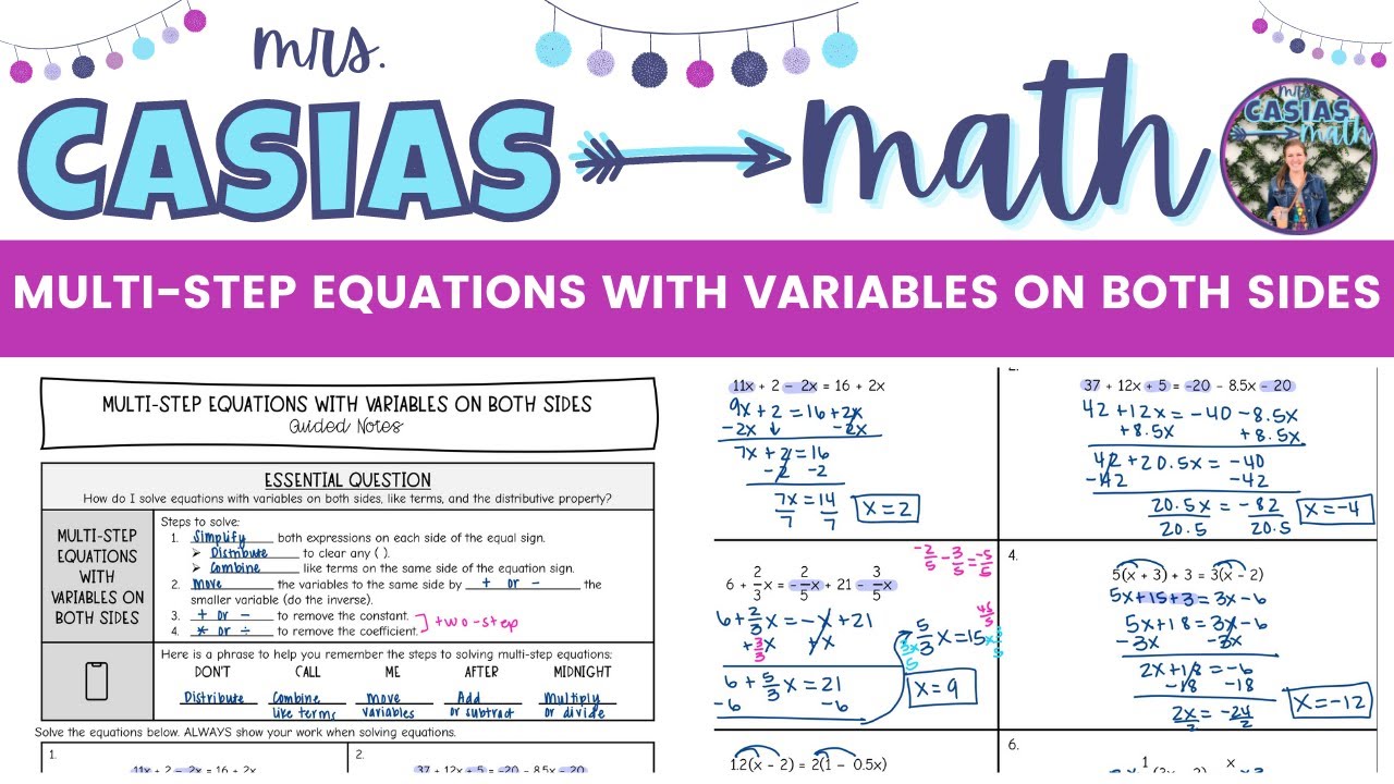 Solving Multi Step Equations with Variables on Both Sides | Algebra 1 ...