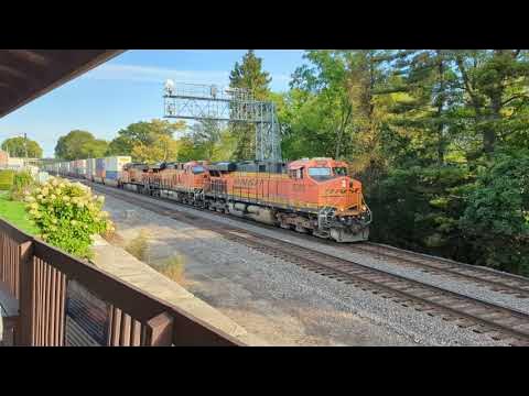3 BNSF Locos Lead Intermodal Train West Bound With trailing NS and BNSF at Rochelle - YouTube