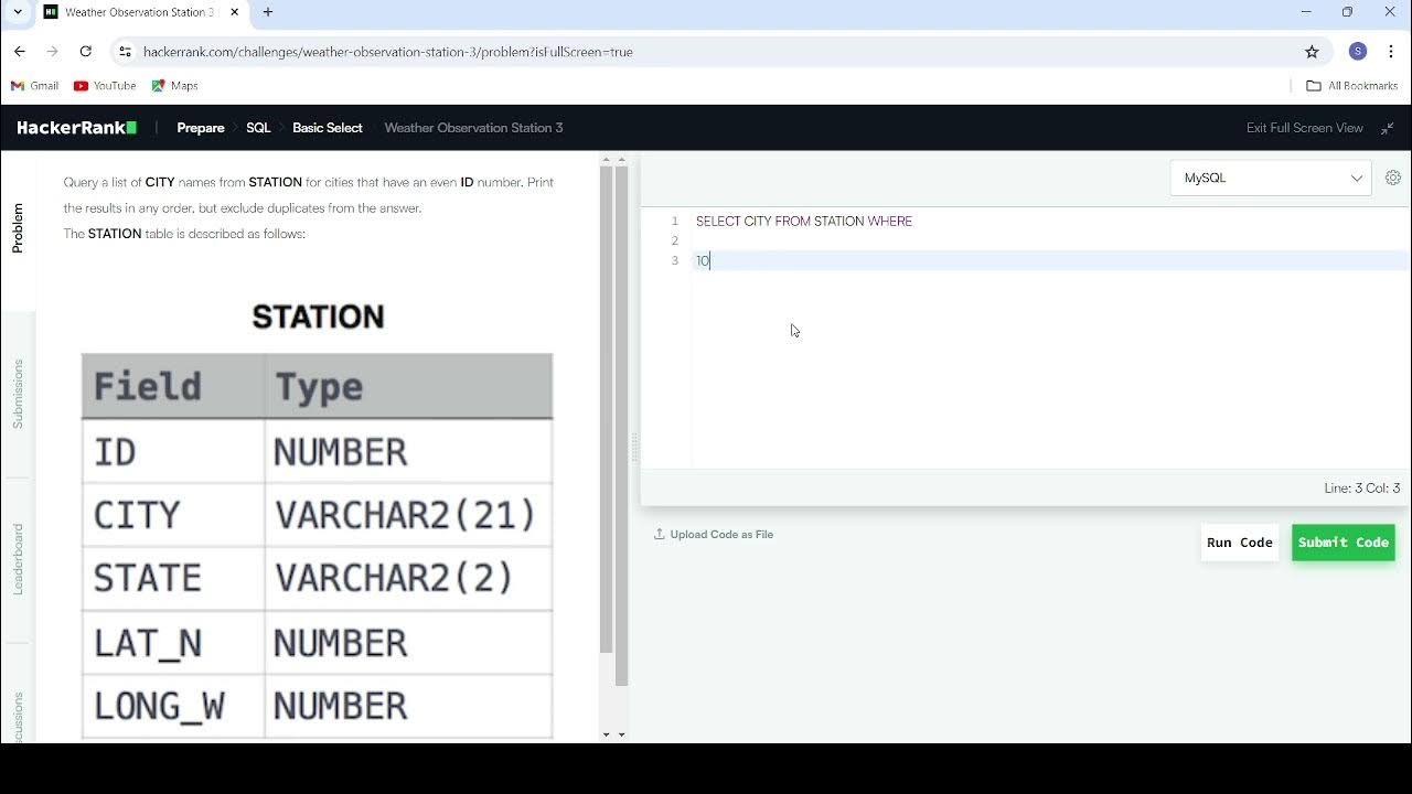 HACKER RANK Weather Observation Station 3 | SQL BASICS - YouTube