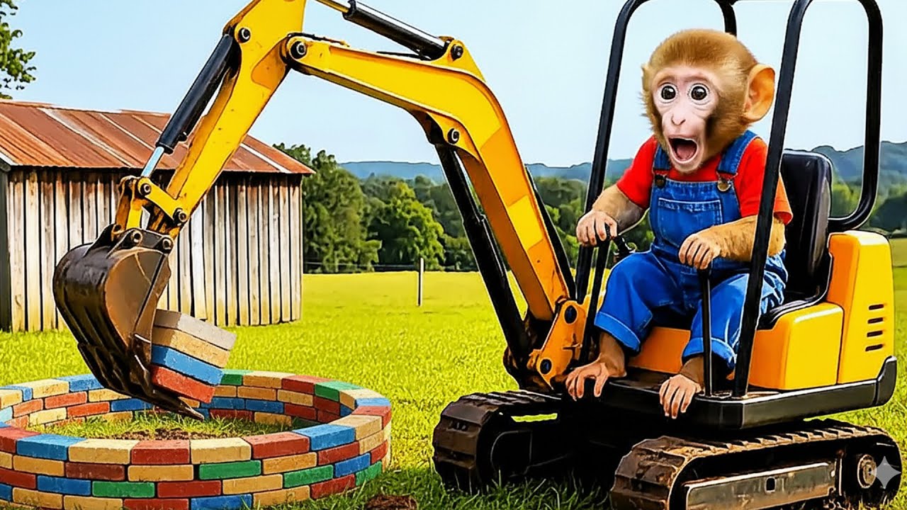 Monkey Farmer Uses Excavator To Build Wall Around Storage Shed- Monkey ...