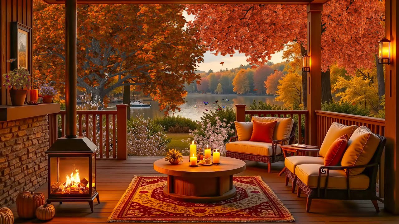 🔥 Fall Cabin Porch by the Lake 🍁 Soft Piano, Candle Glow & Forest Calm ...