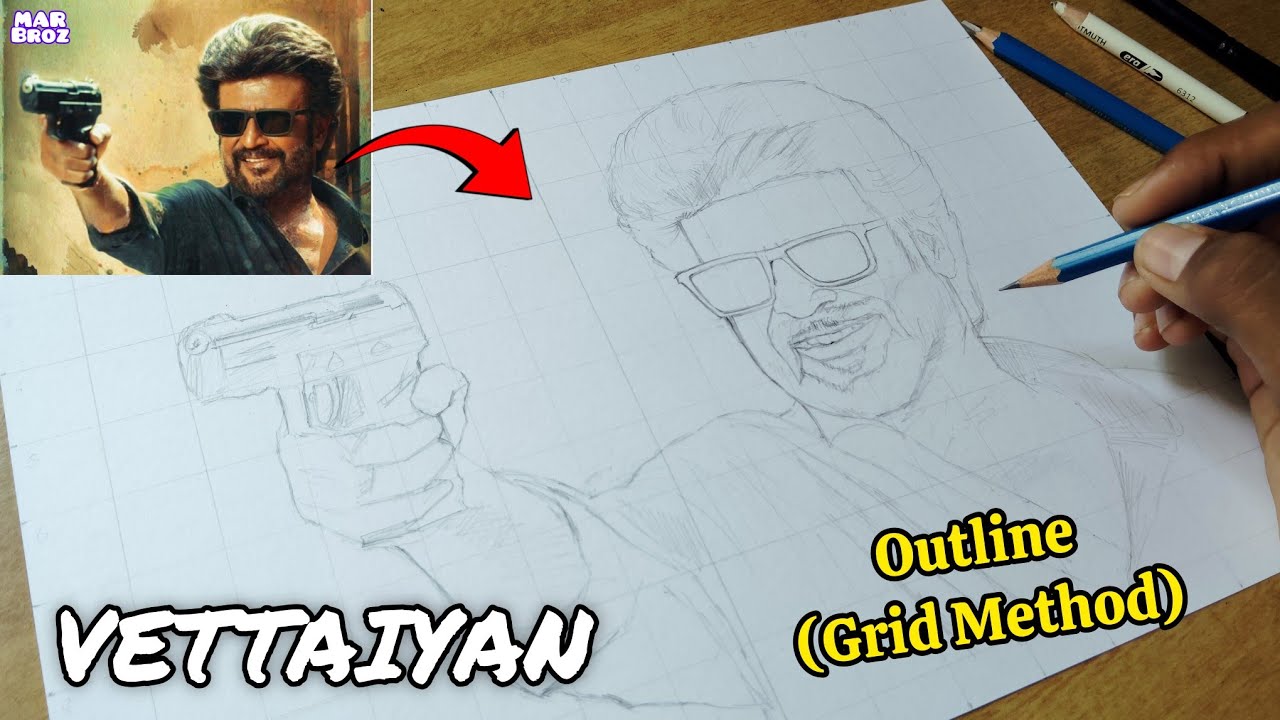 Vettaiyan Rajinikanth Drawing | Easy Grid Method Outline Tutorial | MAR ...