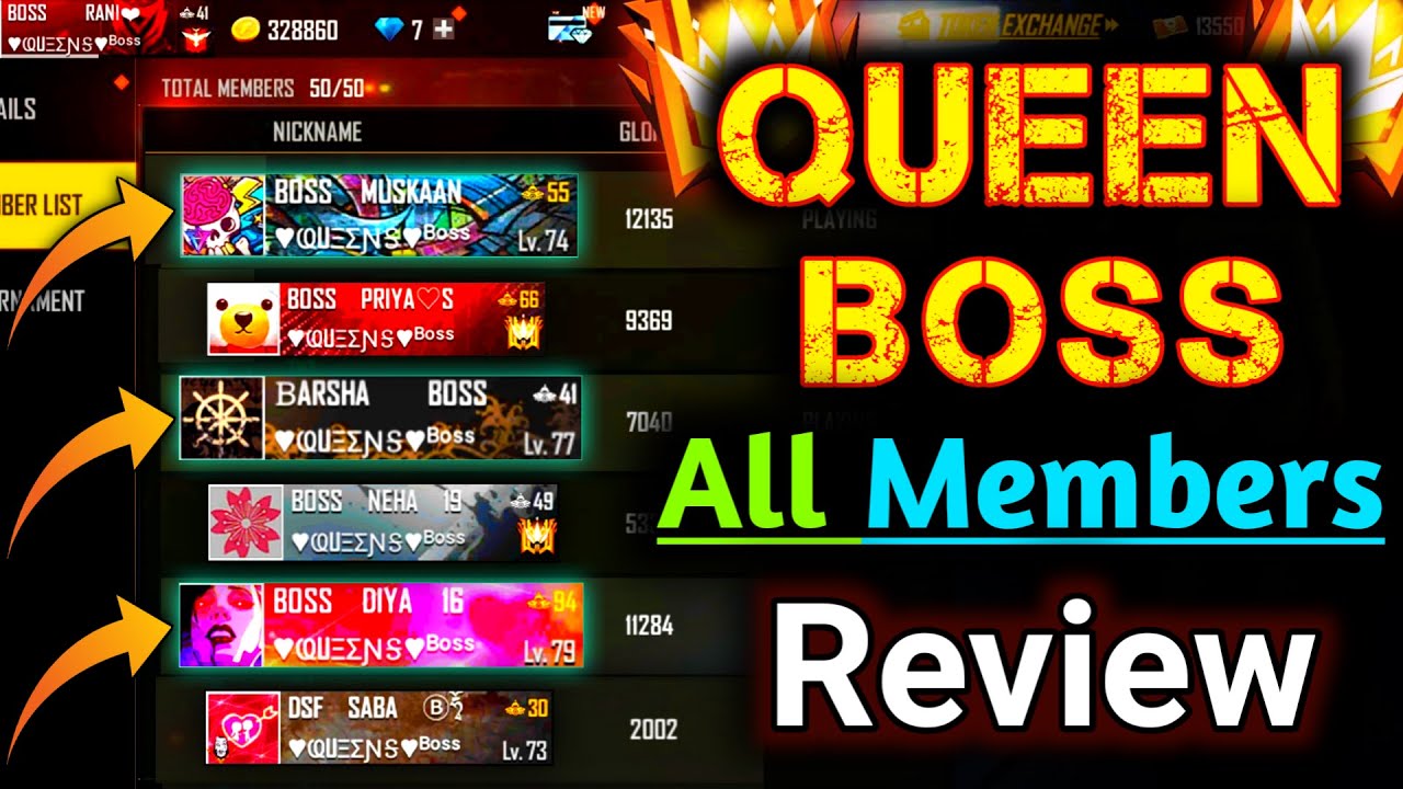 QUEEN BOSS GUILD ALL MEMBERS FACE & PROFILE REVIEW 😎 | ALL QUEEN BOSS ...