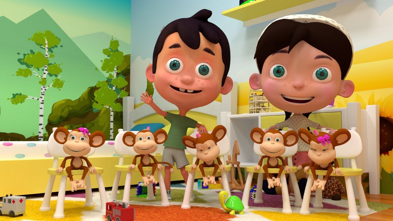 Cinque Scimmiette saltano sul letto 🐵🙈 Canzoni per Bambini 🎵 BROandSIS ...