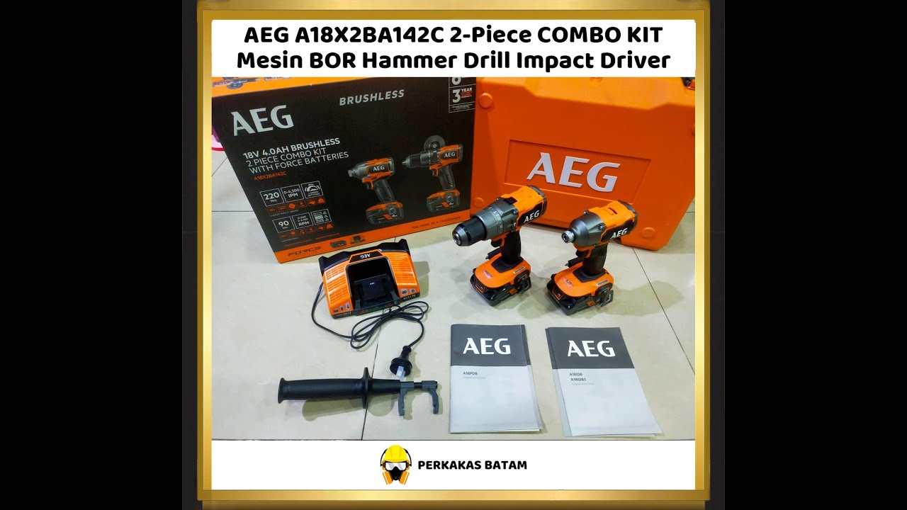 AEG A18X2BA142C 2-Piece COMBO KIT Mesin BOR Hammer Drill Impact Driver ...