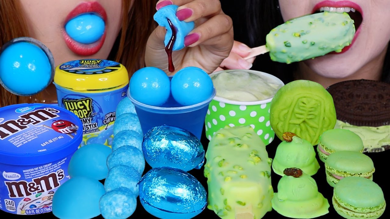 ASMR M&MS ICE CREAM SUNDAE, BLUE CHOCOLATE EGGS, JUICY DROP GUMMY STIX ...