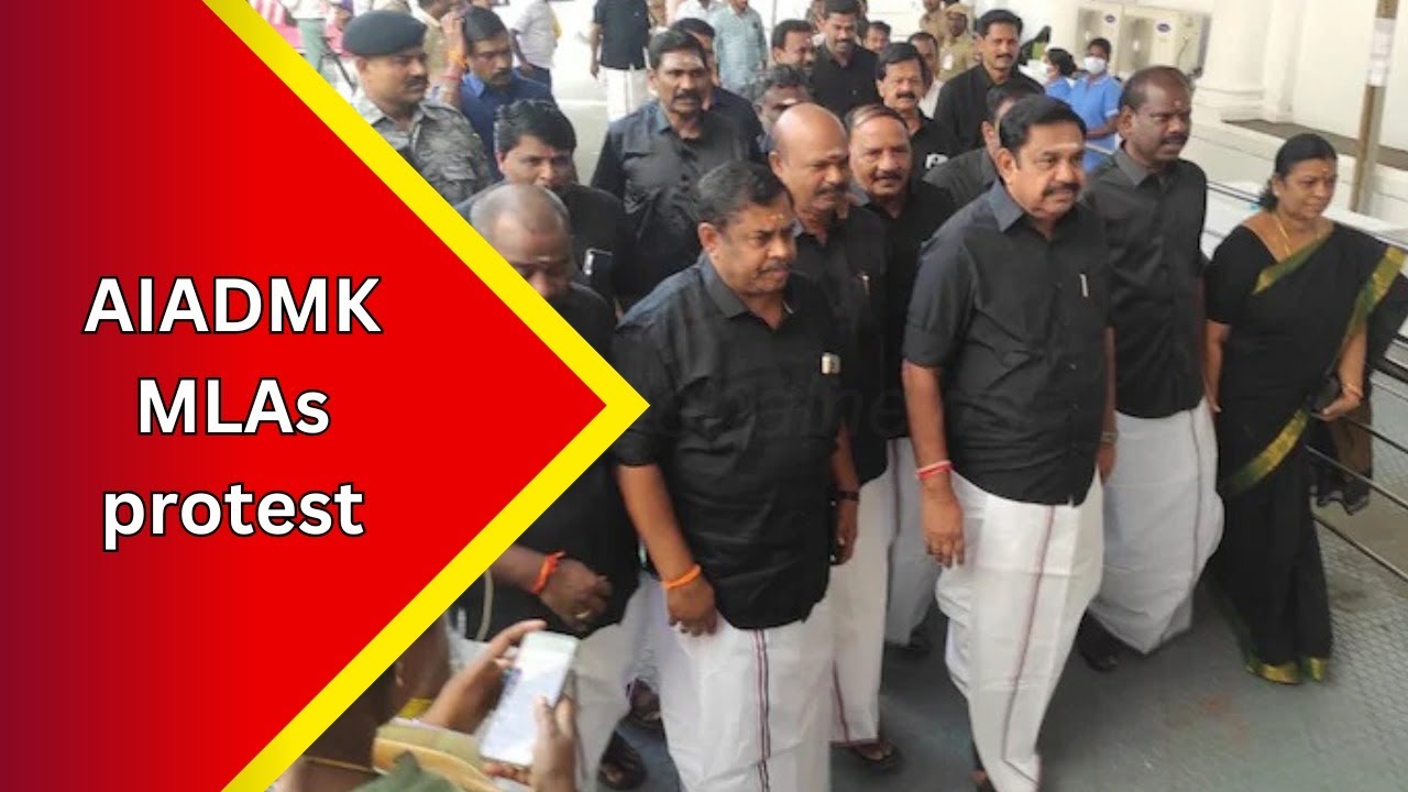 AIADMK MLAs arrive at the Secretariat wearing black shirts as a symbol ...