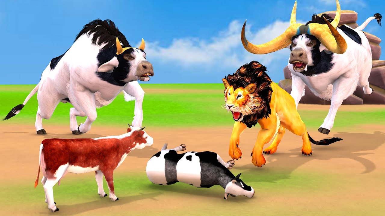 Giant bulls vs Lion vs Cow | Cartoon Cow Sad Story | The Battle ...