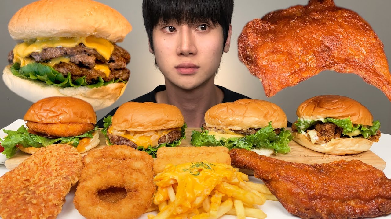 수제버거 프랭크 버거 먹방~ 치즈버거 쉬림프버거 크리스피치킨버거 통닭다리치킨 오징어링 치즈스틱 감자튀김 햄버거 리얼