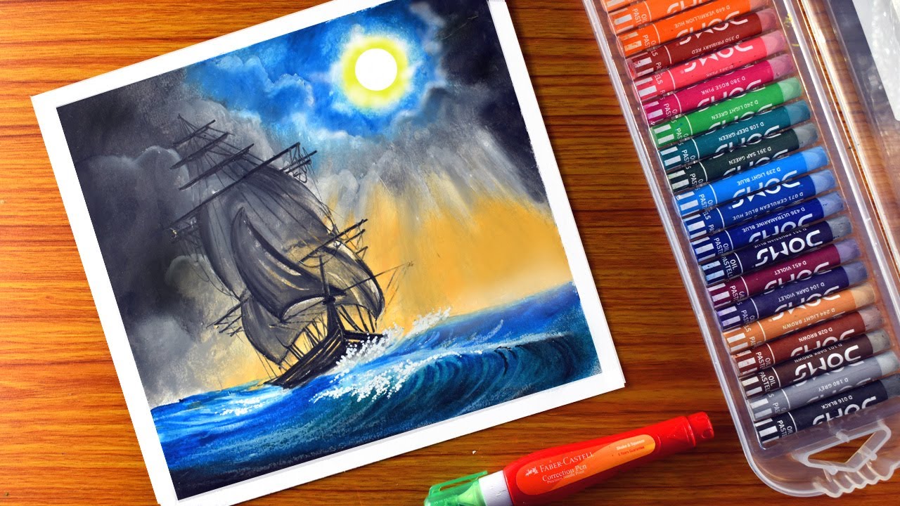 Sea scenery with oil pastels/ship in sea wave/Seascape/step by step ...