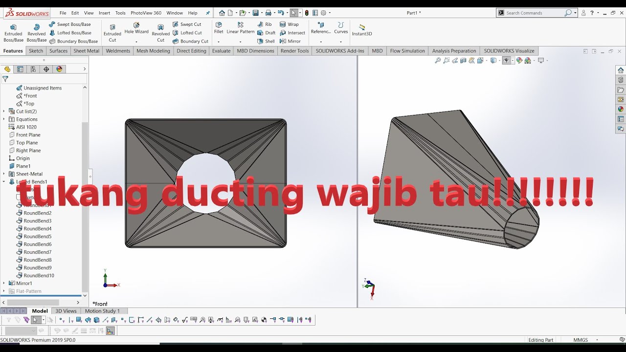 cara cepat membuat transisi ducting di solidworks - YouTube