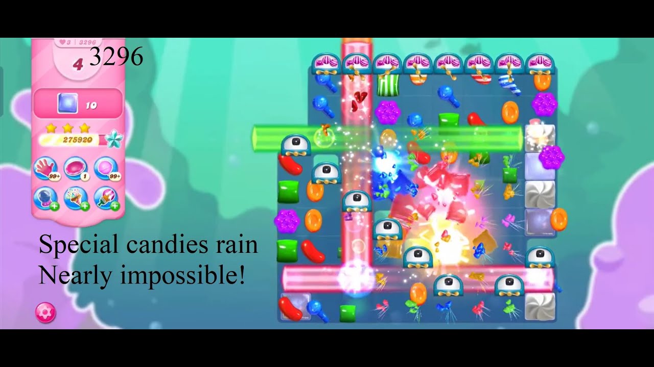 Candy Crush Saga Level #3296 special candies rain 3 stars no boosters nearly impossible! - YouTube