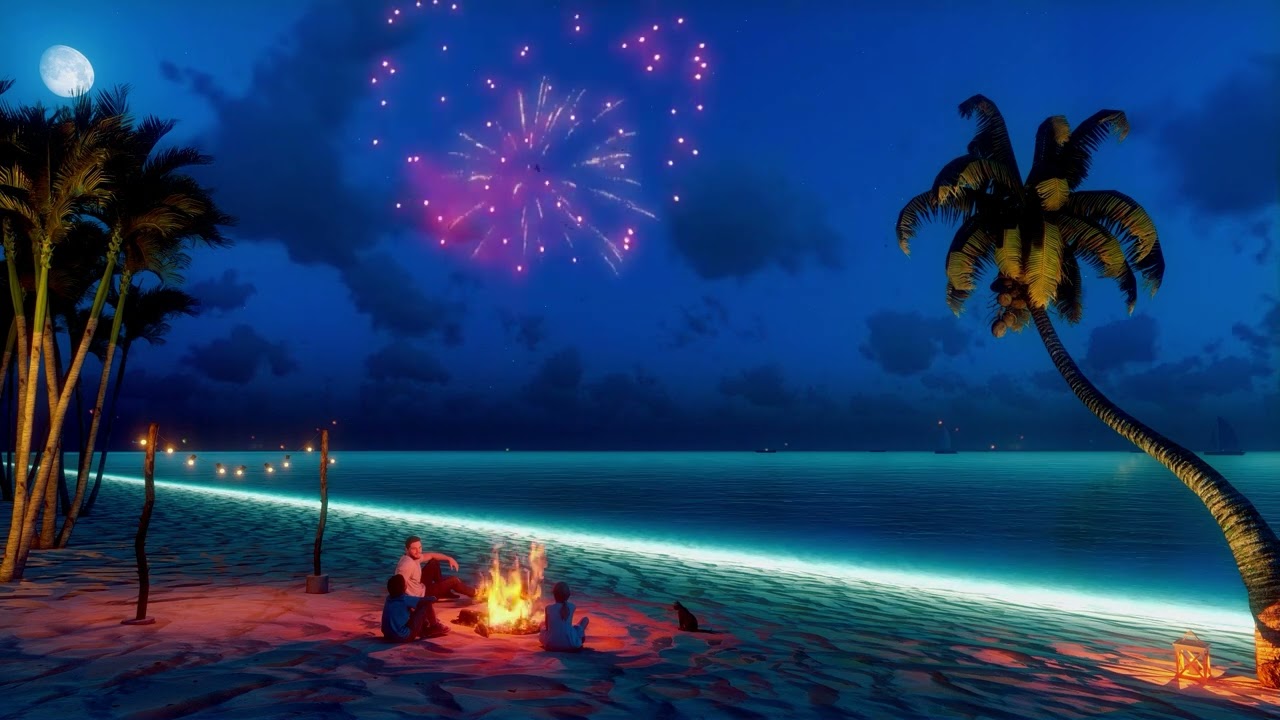 to relax.sleep.calm beach one night with fireworks 3 hours - YouTube