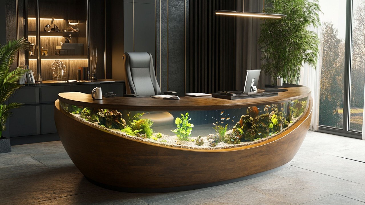 Luxury Oval Aquarium Desk | Stunning Office Interior Design | Unique ...