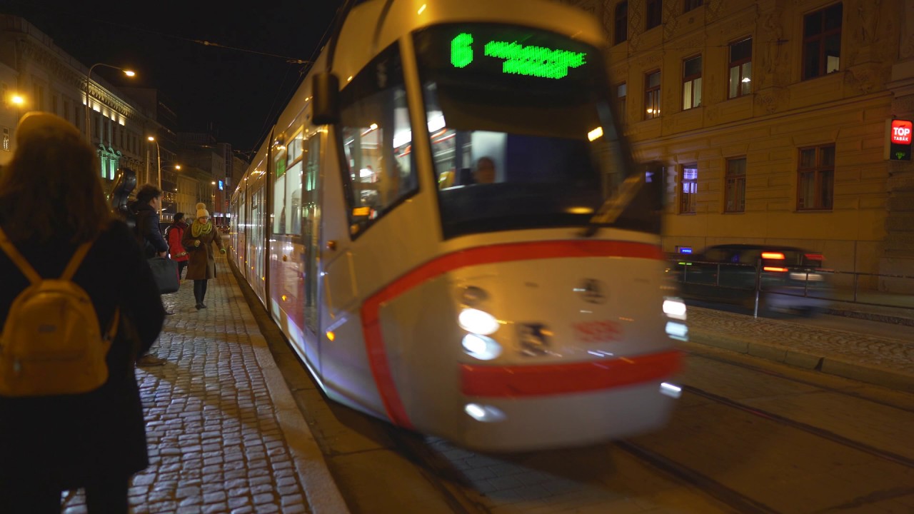 Czech Republic, Brno, tram 6 night ride from Antonínská to Hrnčířská ...