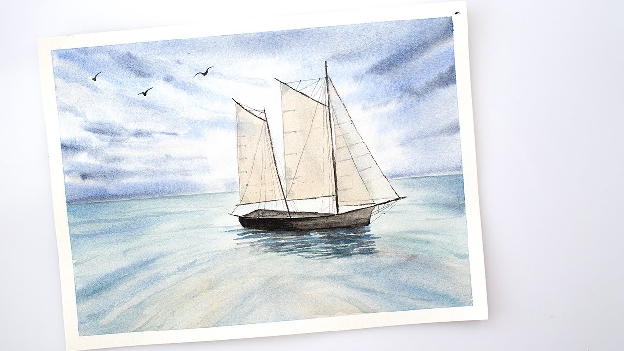 Watercolor seascape painting tutorial for beginners + FREE sketch - YouTube