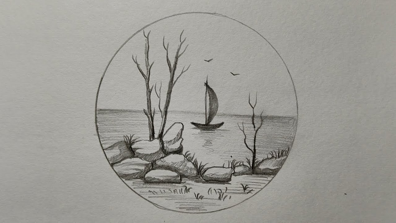 beautiful sea drawing in circle | how to draw beautiful scenery drawing ...