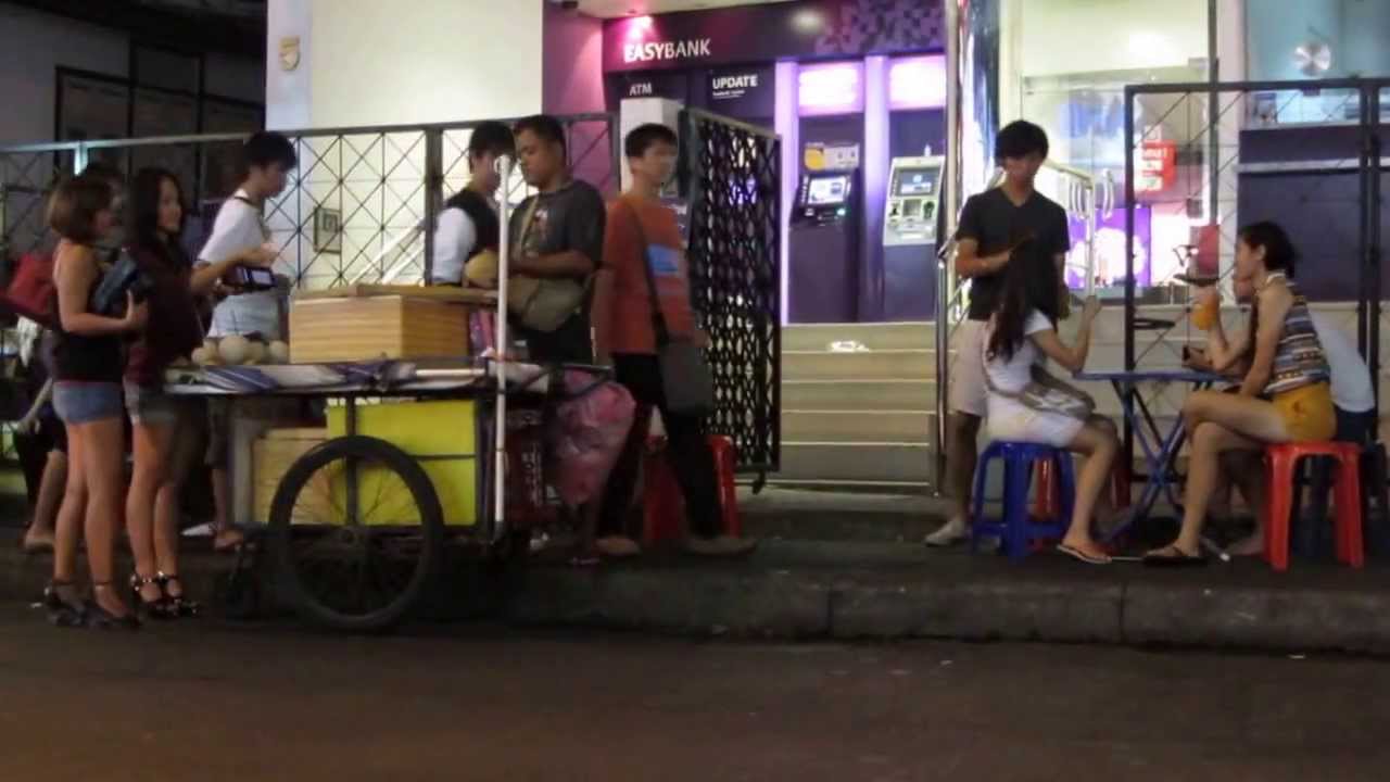 Young Thai Massage Girls Enjoying Street Food Bangkok Thailand 2013