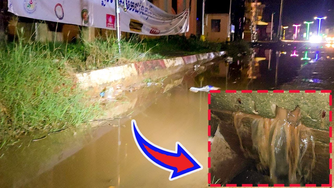 Unclogging Mud And Trash Drain Rain water Out From Hight Ways On Night ...