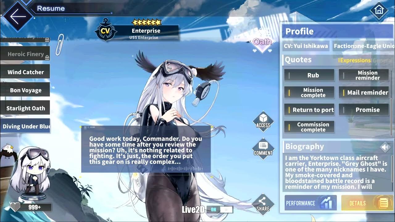 Azur Lane: New USS Enterprise L2D Skin Talk & Move (Diving Under Blue Skies) - YouTube