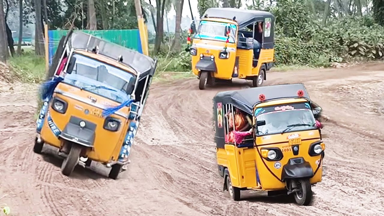 Alpha Plus Passenger Auto Rickshaw Wheels on Wet Muddy Dirty Roads ...