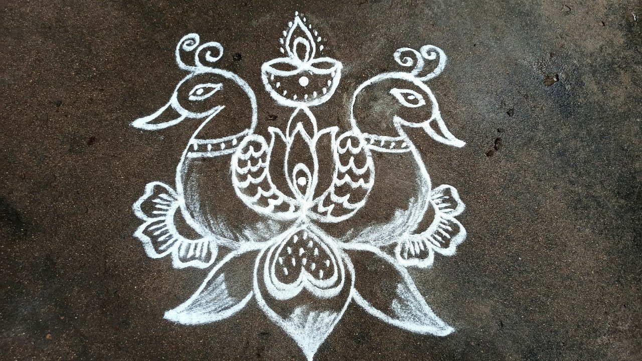 Latest twin peacock rangoli | deepam mayil kolam | freehand bird ...