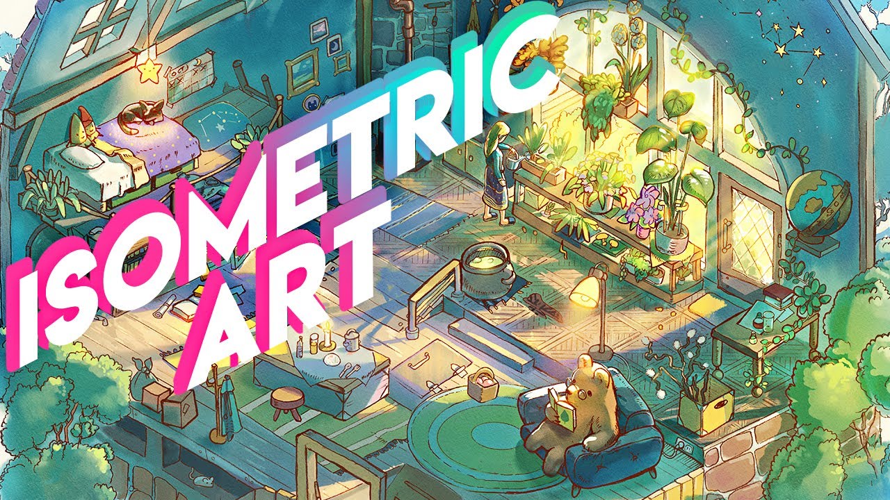 ISOMETRIC ART: detailed MAGICAL HOME illustration process [painted in ...