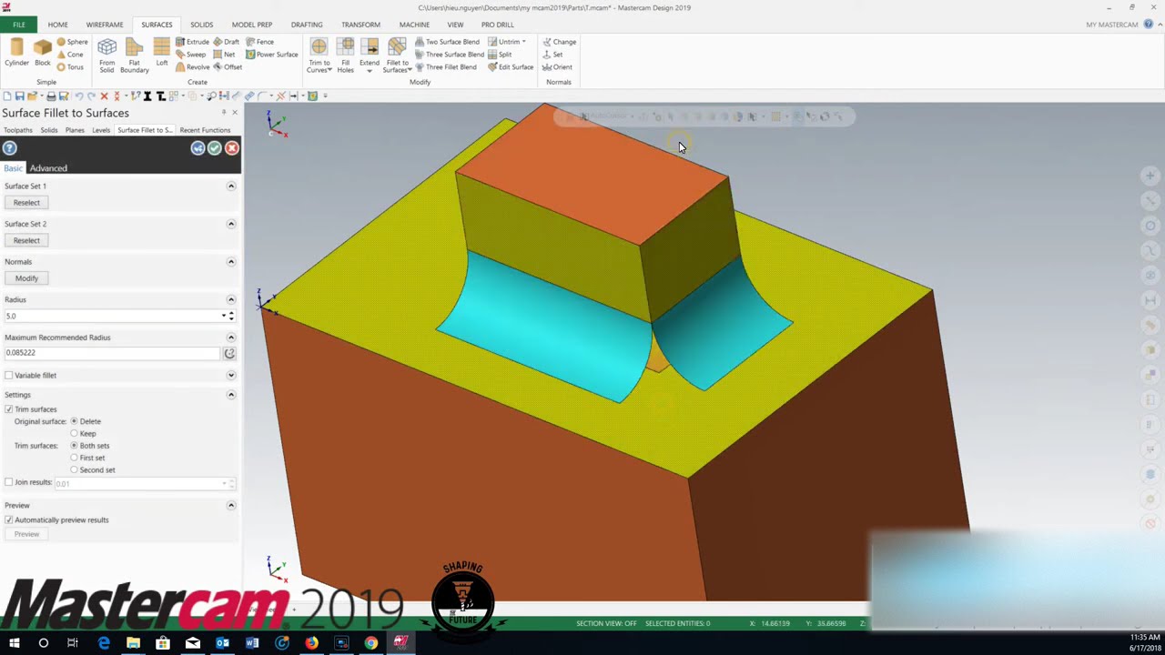 Mastercam 2019 surface fillet - YouTube