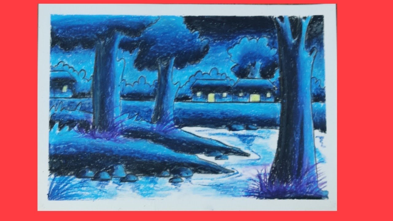 How To Draw Night Scene Drawing || Village Night Scene Drawing || Oil ...