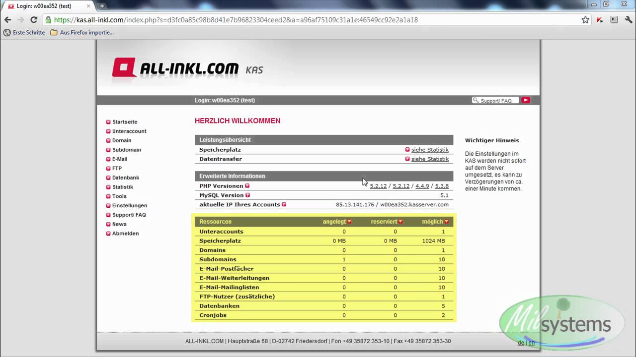 Was für Informationen bietet die Startseite des KAS von all-inkl.com ...
