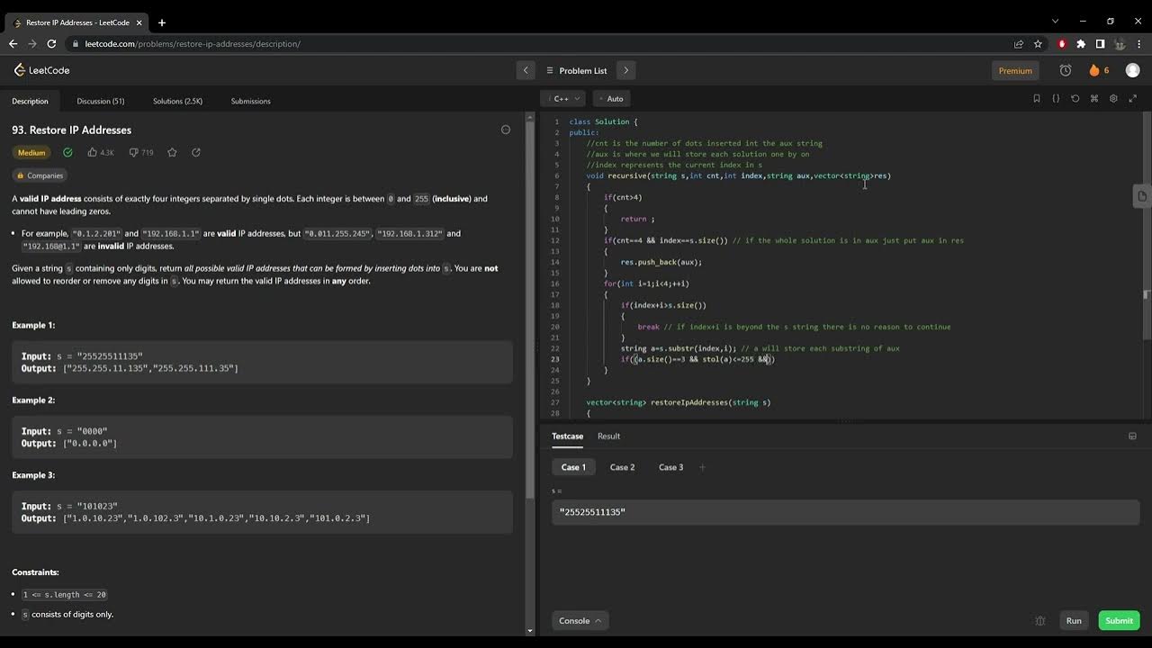 LeetCode Solution 93. Restore IP Addresses C++ - YouTube