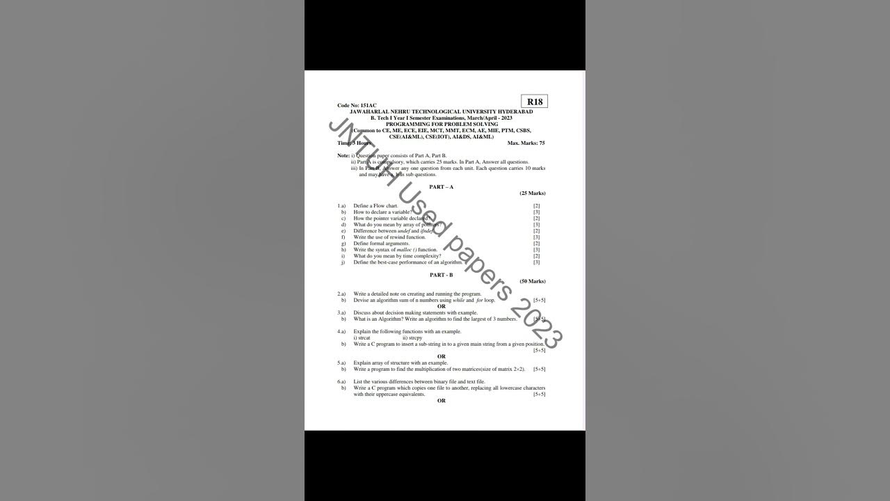 Programming for problem solving JNTUH Previous Question Papers R18,R22#jntuh #exam #short # ...