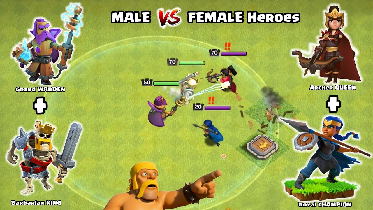 Male Hero vs Female Hero Clash of Clans | King + Warden Vs Queen ...