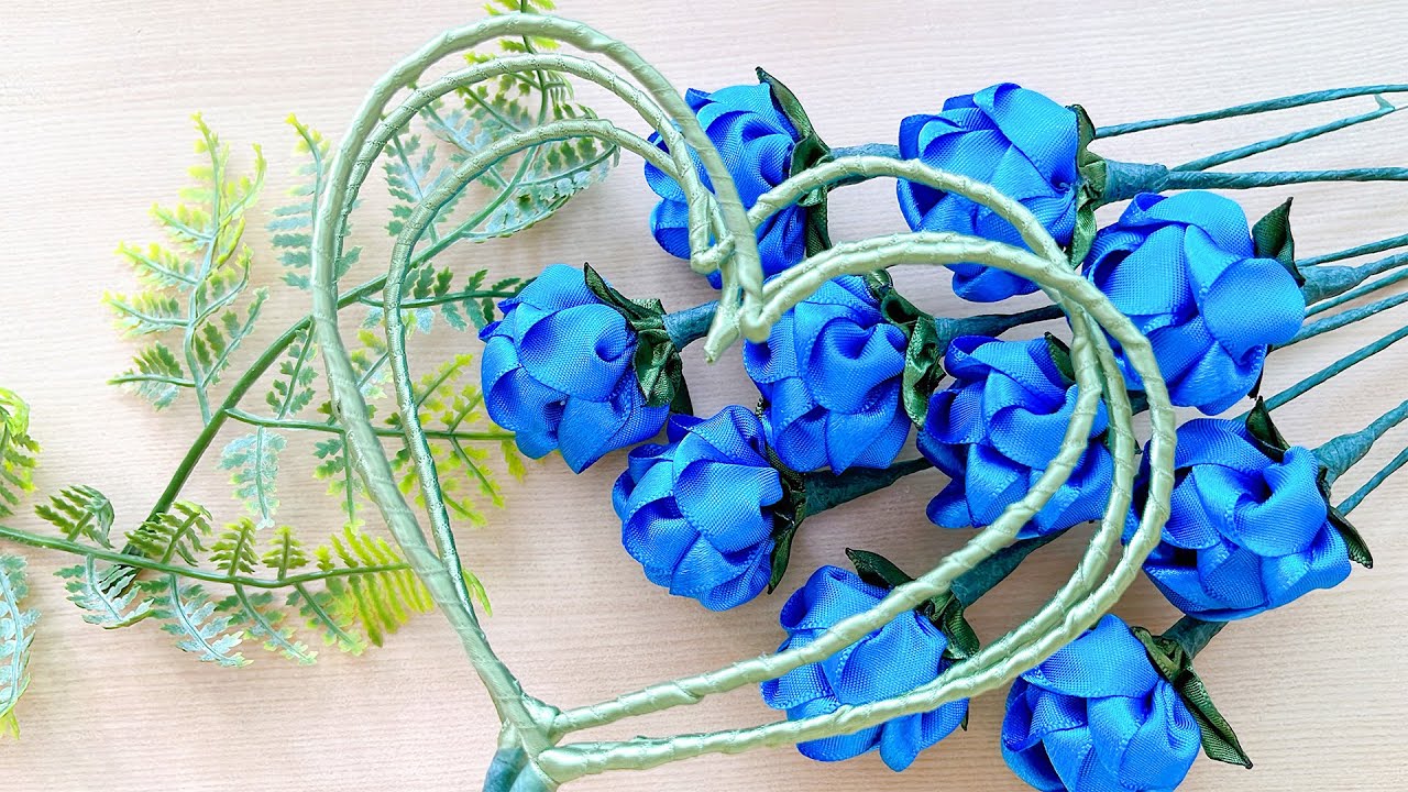 DIY, How to Make Flower with Ribbon, Blue Rose Heart Bouquet, Ribbon ...
