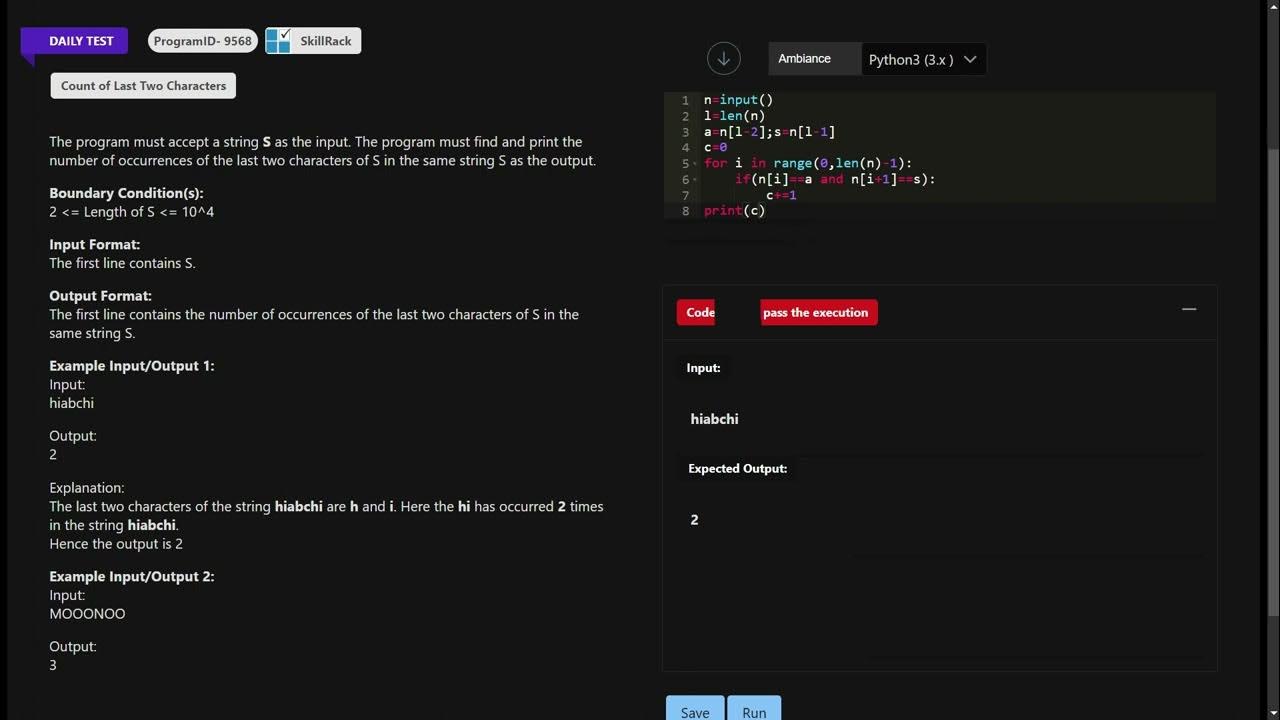 Skillrack Daily Test 25102023 Count Last Of Two Characters Program Id 9568 Python