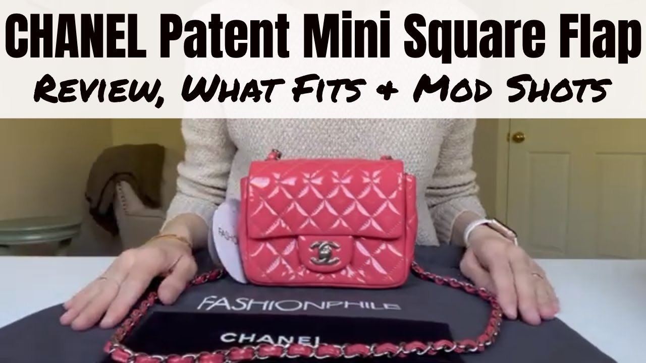 CHANEL Patent Mini Square Flap Bag Review, What Fits and Mod (Body ...