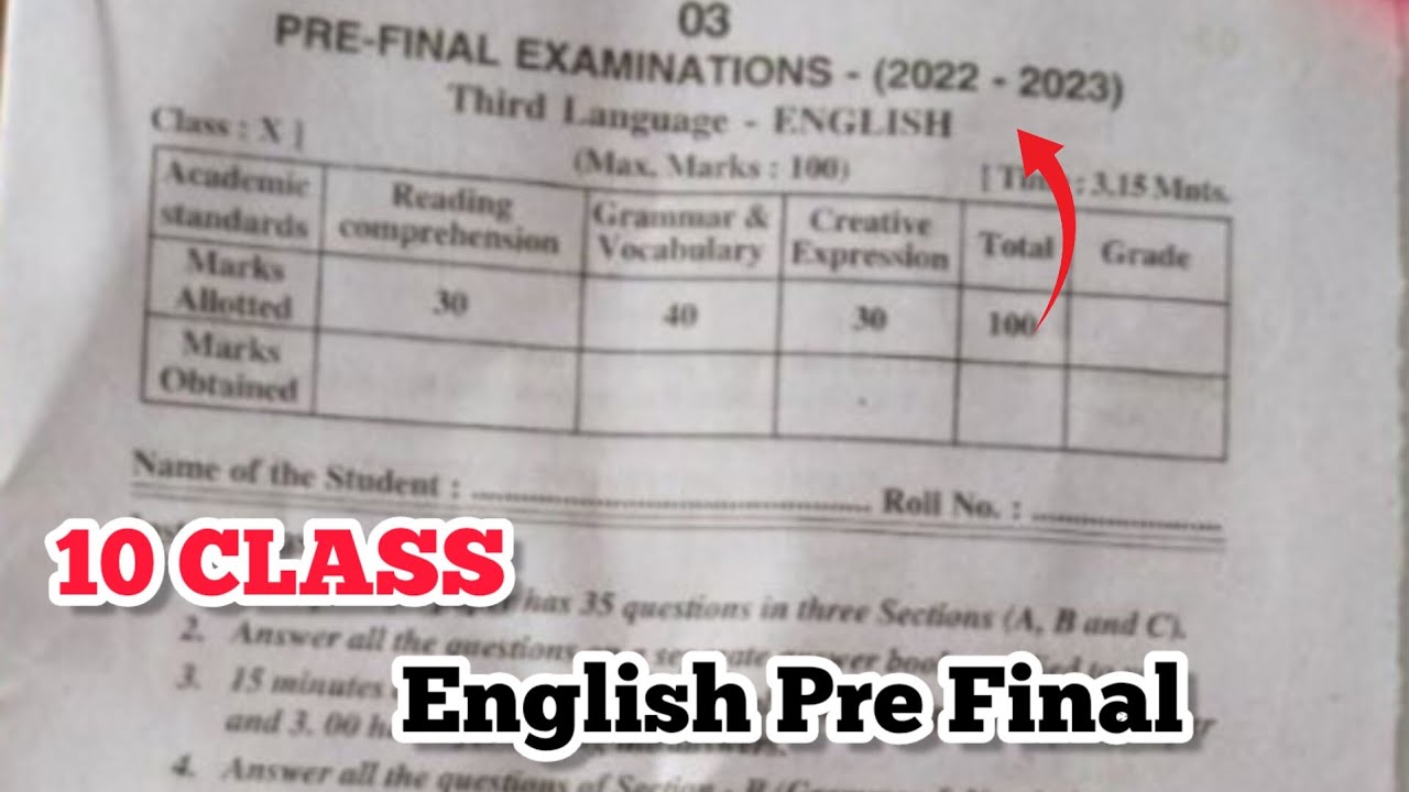 AP 10th class english pre final question paper 💯real🥳🥳 - YouTube