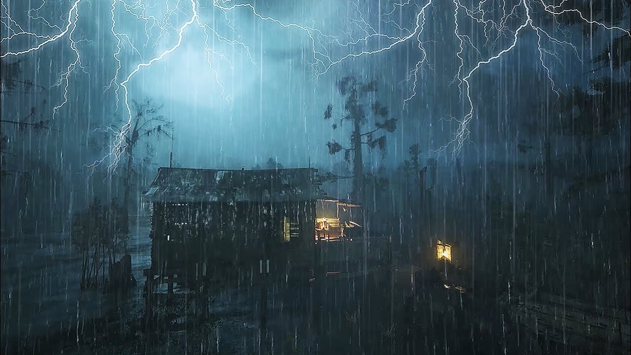 Lonely hut in strong thunderstorm on a swamp with heavy rain sound for ...