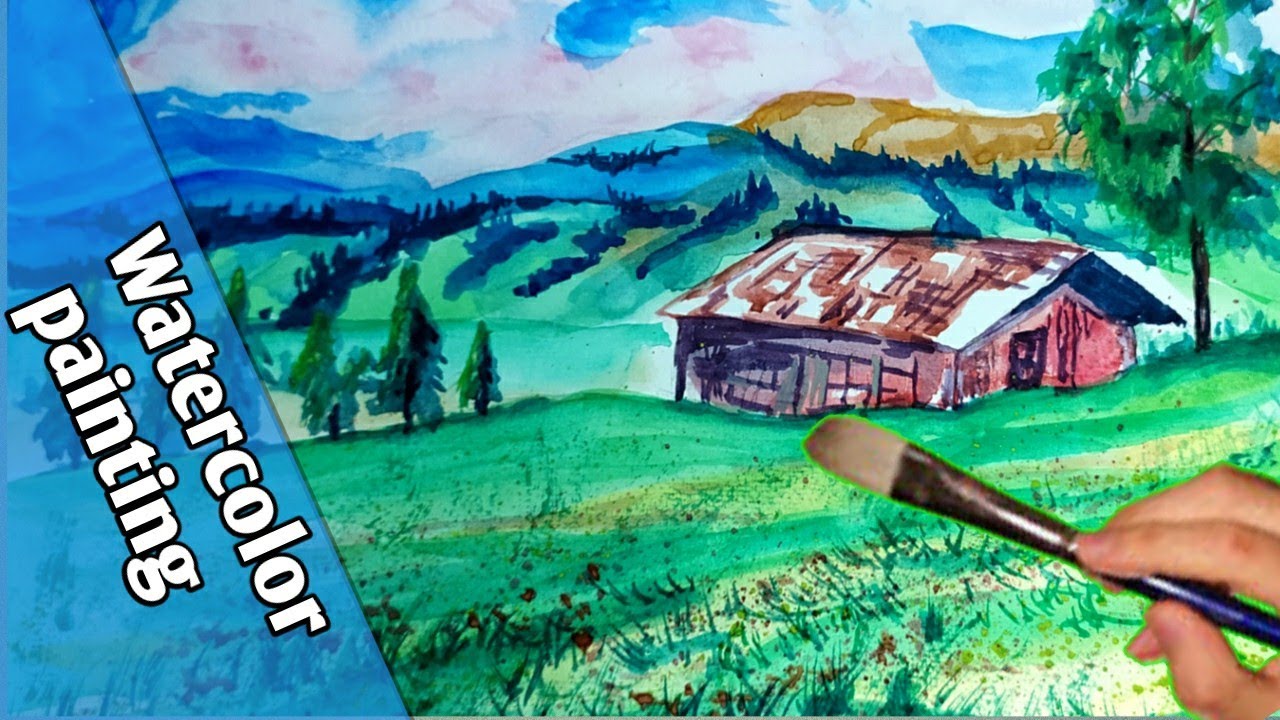 how to draw easy watercolor landscape scenery painting for beginners ...