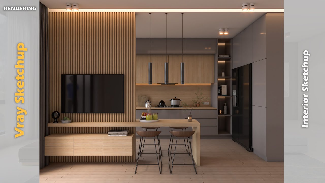 Dining with Kitchen area | Vray tutorial | Vray 5 Sketchup interior #54 ...