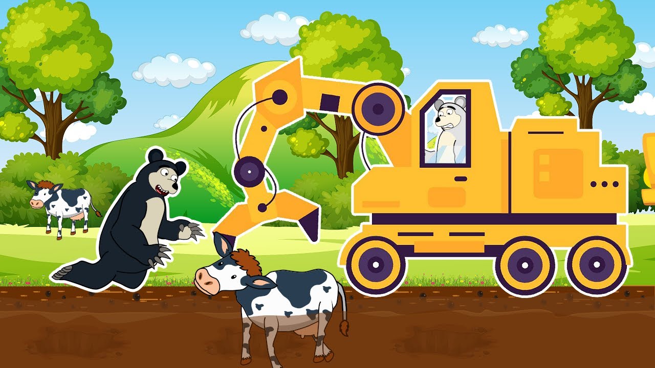 Bear Farm: Yellow Tractor Rescues Baby Cows Stuck In Mud | Vehicles ...